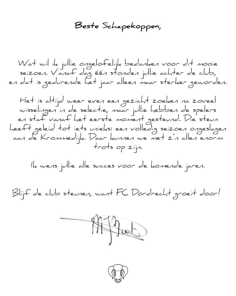 Bedankbrief Melvin Boel - FC Dordrecht